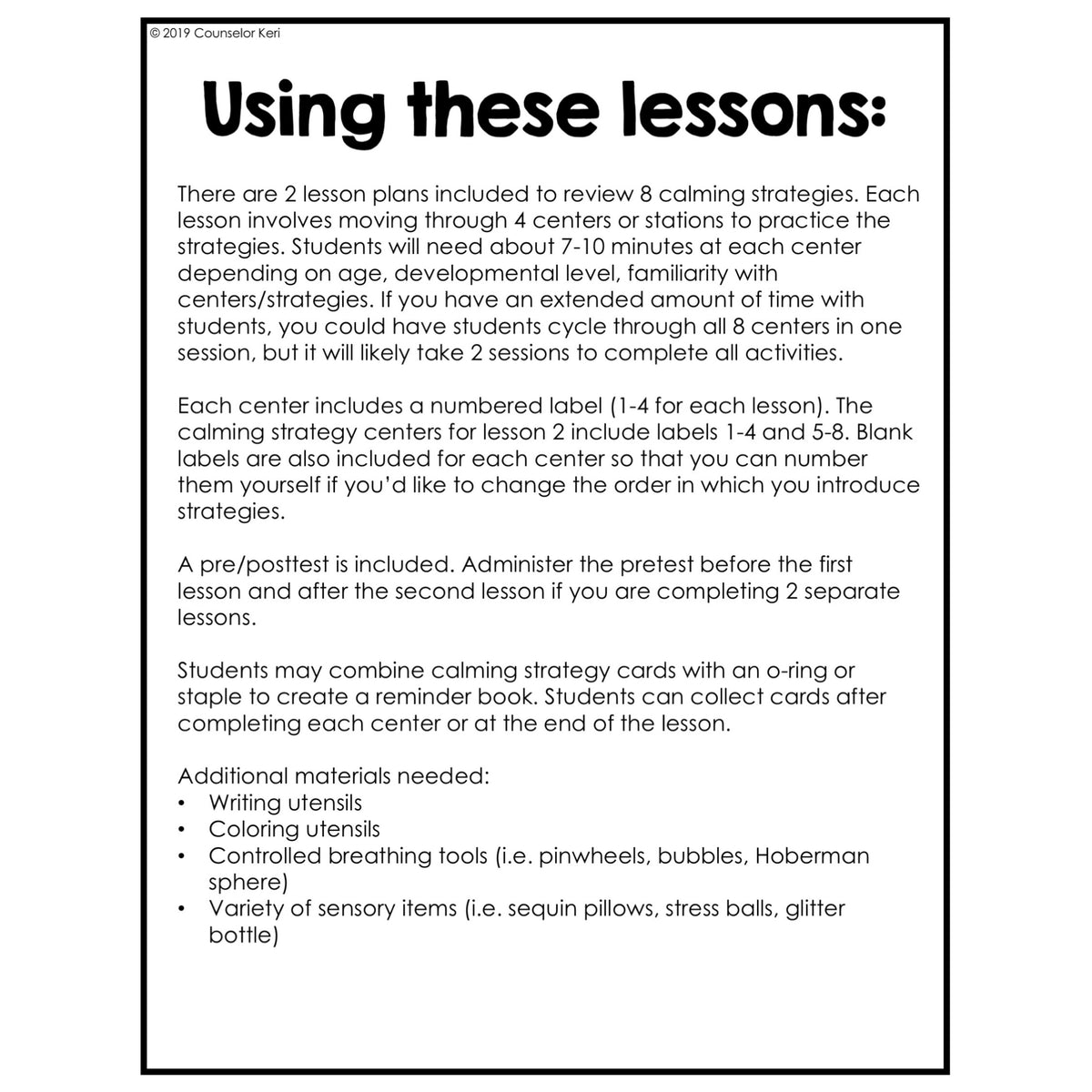 Calming Strategies Activity Classroom Guidance Lessons: Coping Skills ...