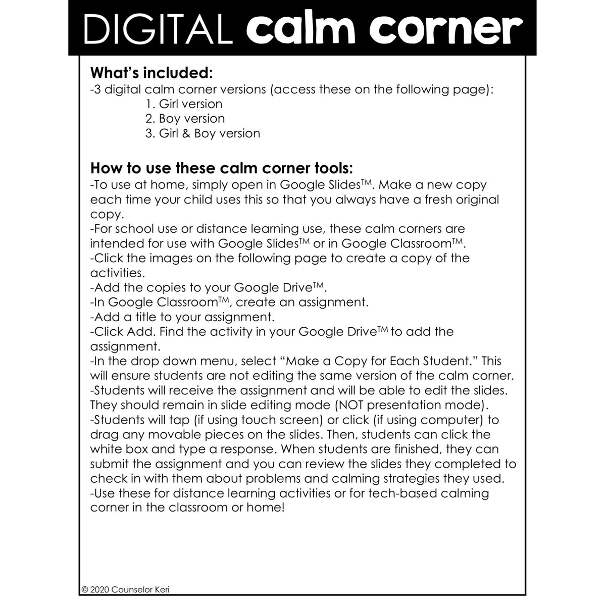 Calm Corner Digital Activity for SEL Distance Learning: Coping Skills ...
