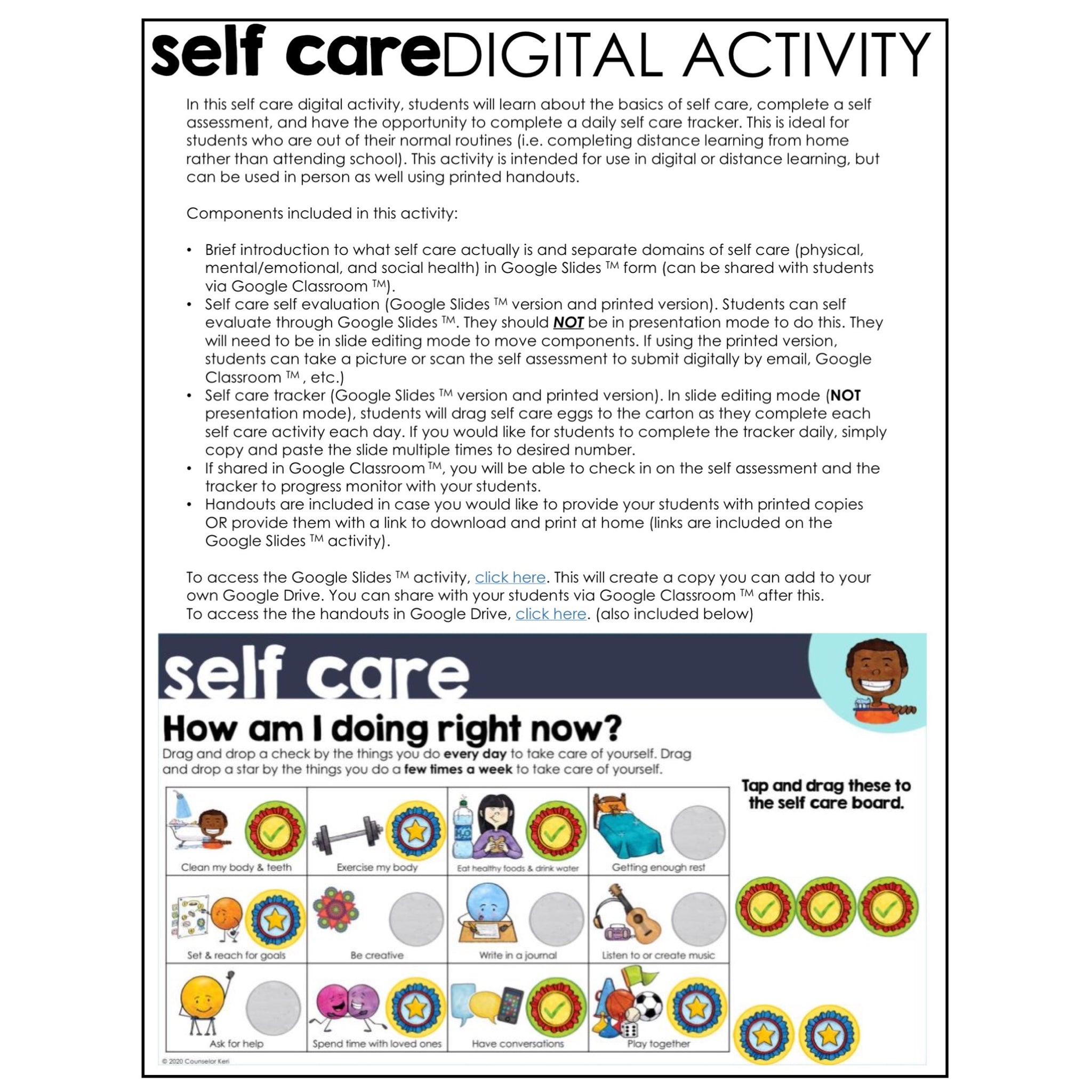 Self Care Digital Activity for Google Slides, Google Classroom Distanc ...