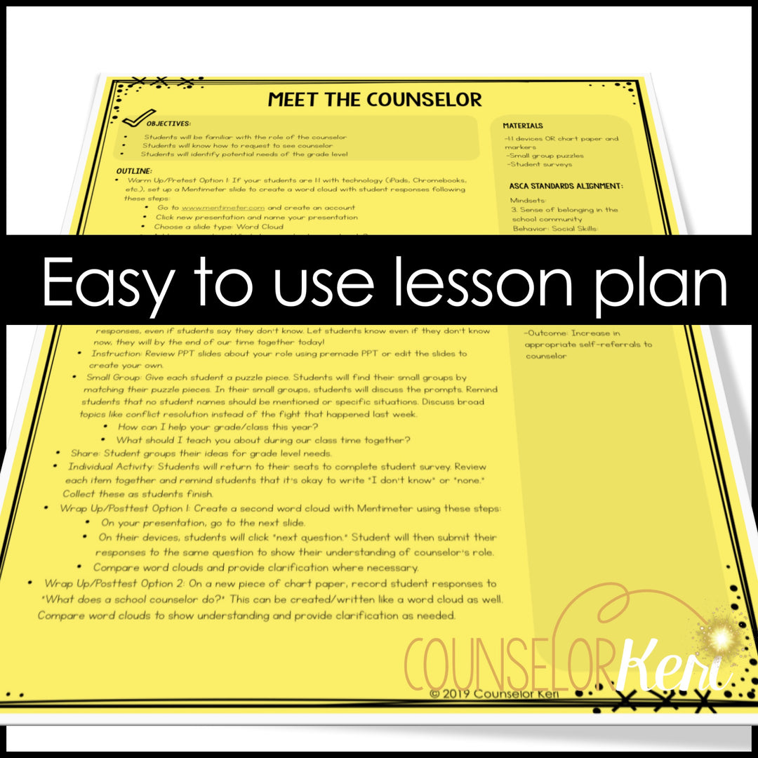 Meet the Counselor Classroom Guidance Lesson for Back to School ...