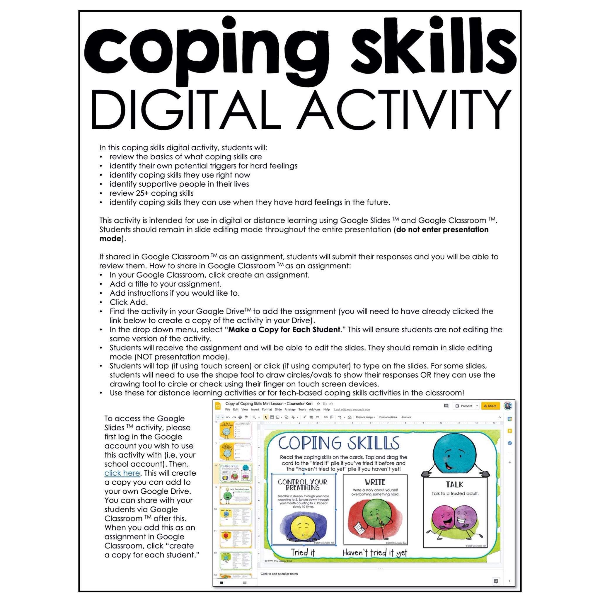 Coping Skills Digital Activity for Google Classroom Distance Learning ...