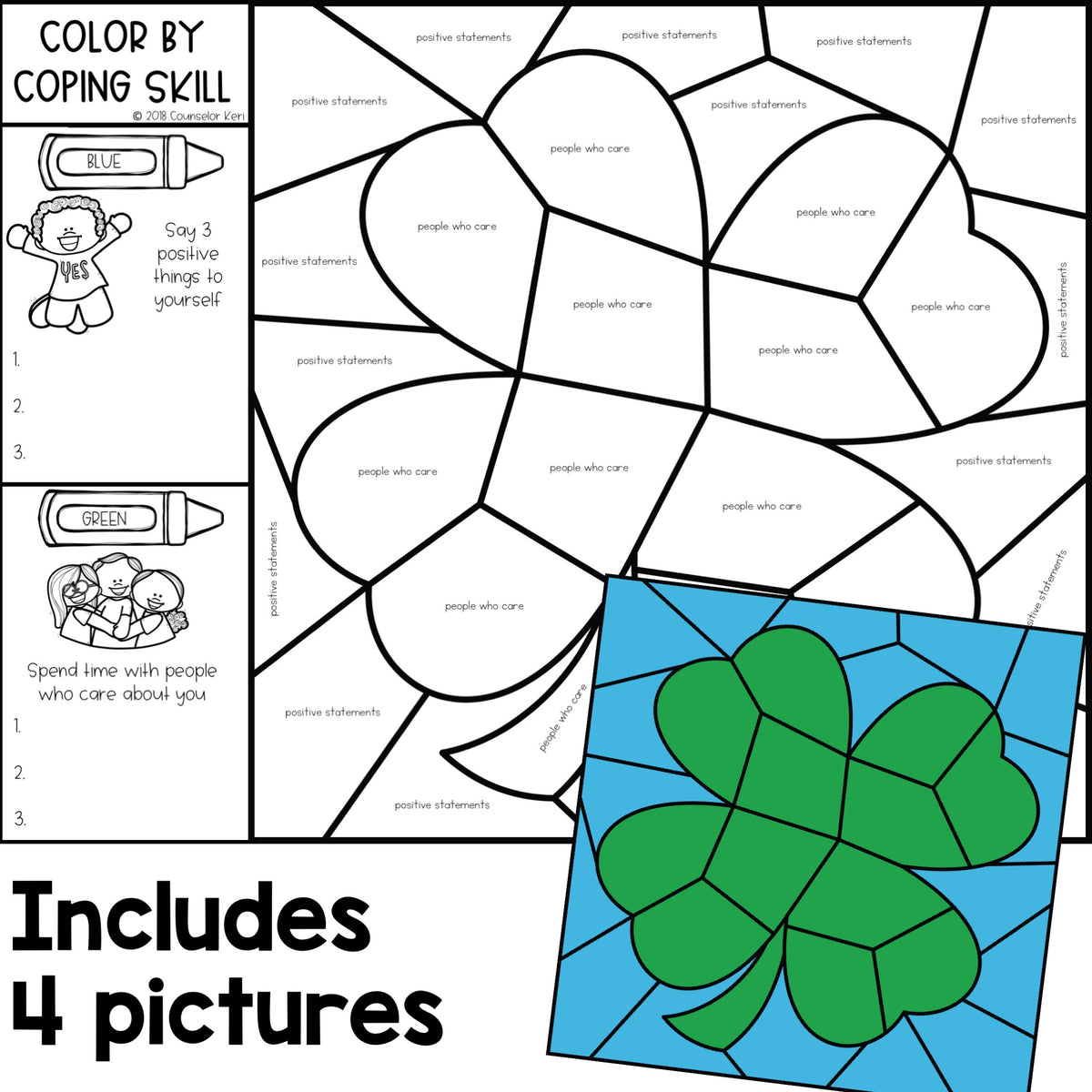 Color by Coping Skills St Patrick's Day Activity for School Counseling ...