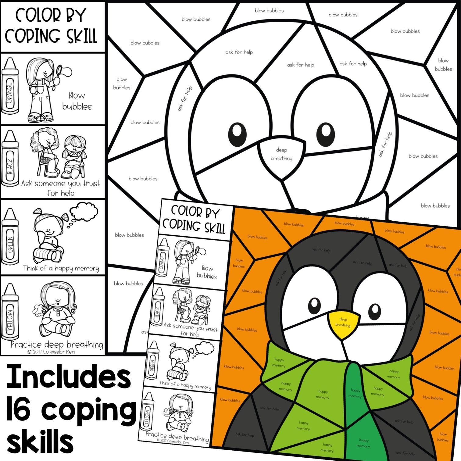 Color by Coping Skills Winter Activity for Elementary School Counselin ...